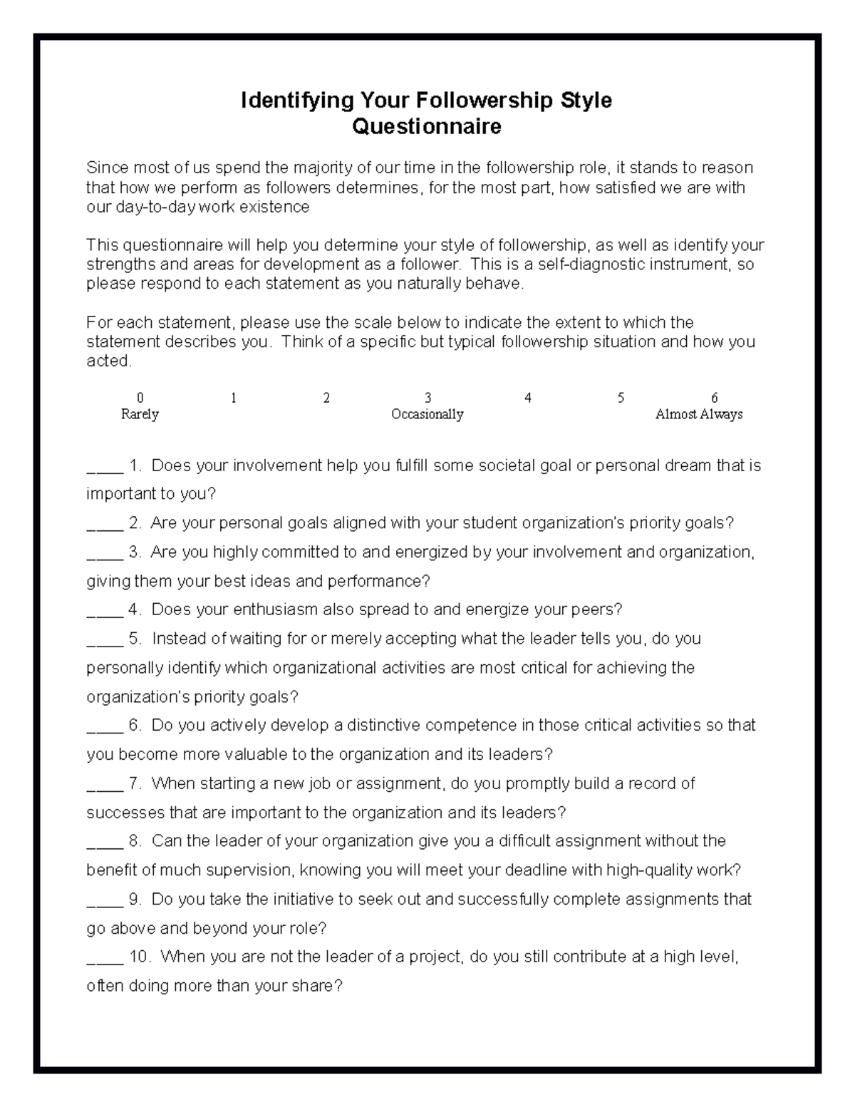 Followership Style Questionnaire & Self-Diagnostic Tool - Studocu