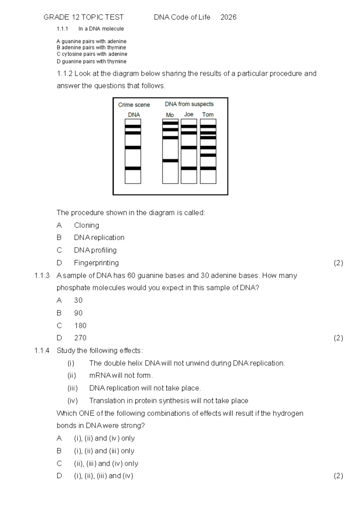 GRADE 12 DNA TOPIC TEST 1.1.1 - Study Notes for 2026 - Studocu
