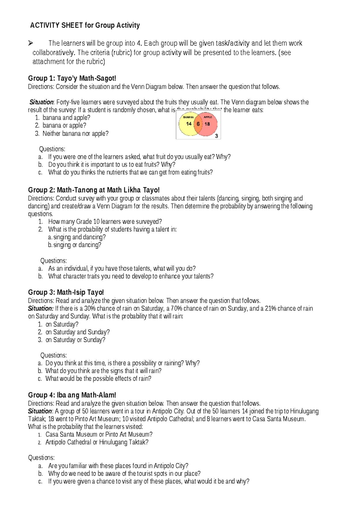 MAth 10 CO3 Activity Probability - ACTIVITY SHEET for Group Activity ...