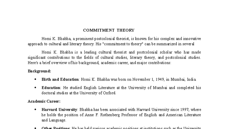 COMMITMENT THEORY: Insights from Homi K. Bhabha's Work - Studocu