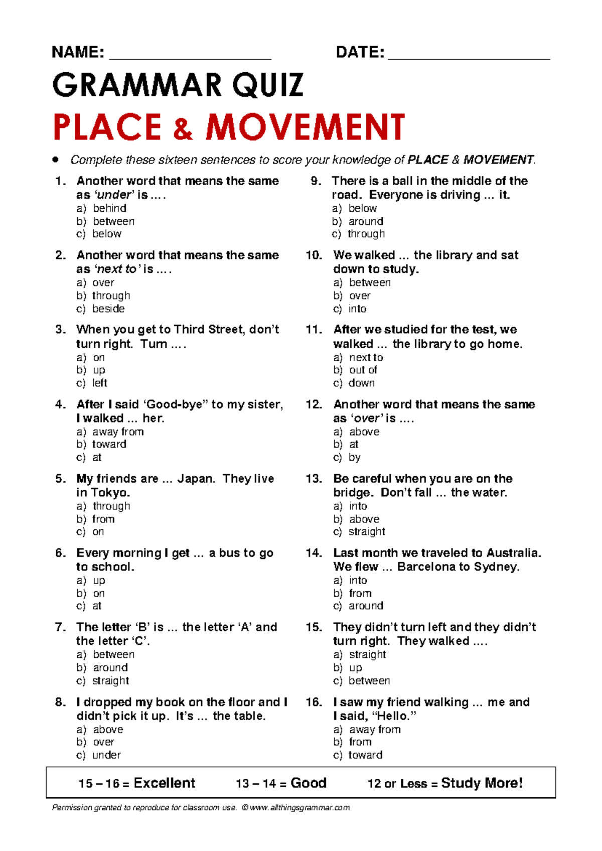 ATG 101 - Quiz Prep: Grammar on Place & Movement - Studocu