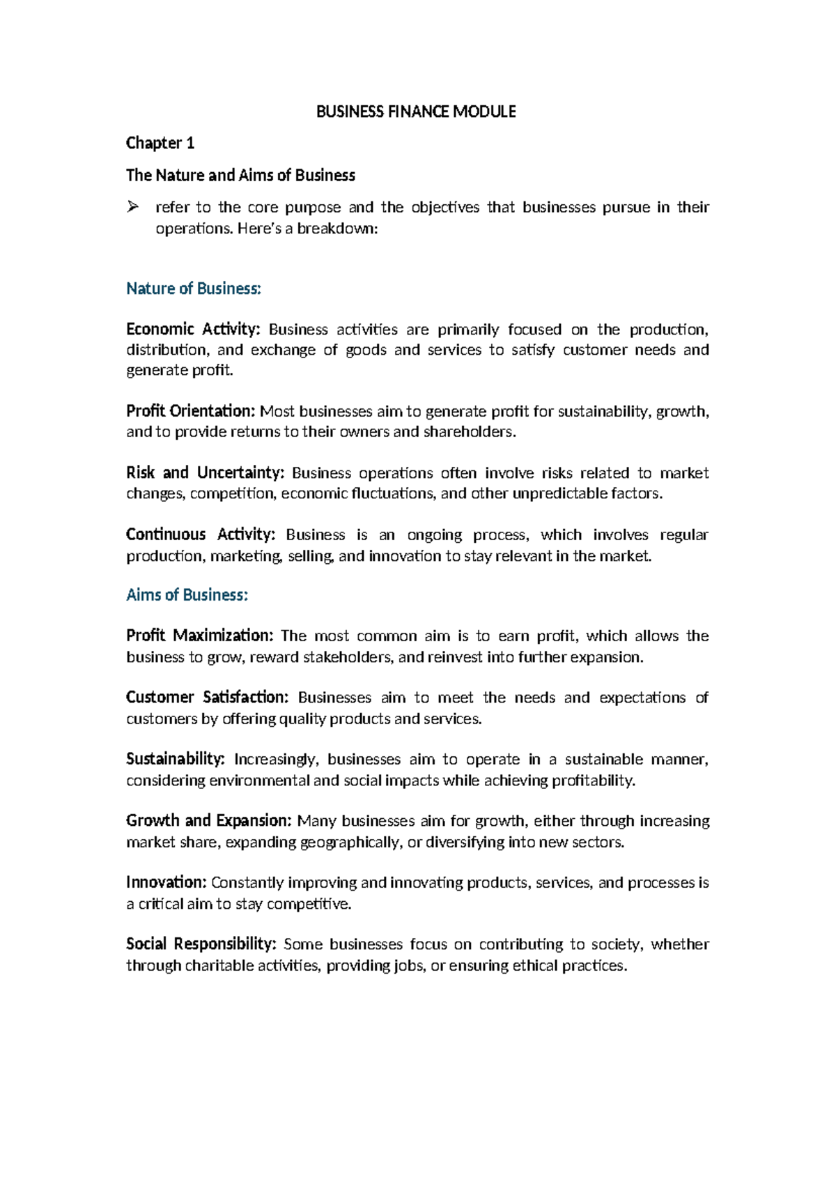 BUSINESS FINANCE MODULE Chapter 1: Nature and Aims of Business - Studocu