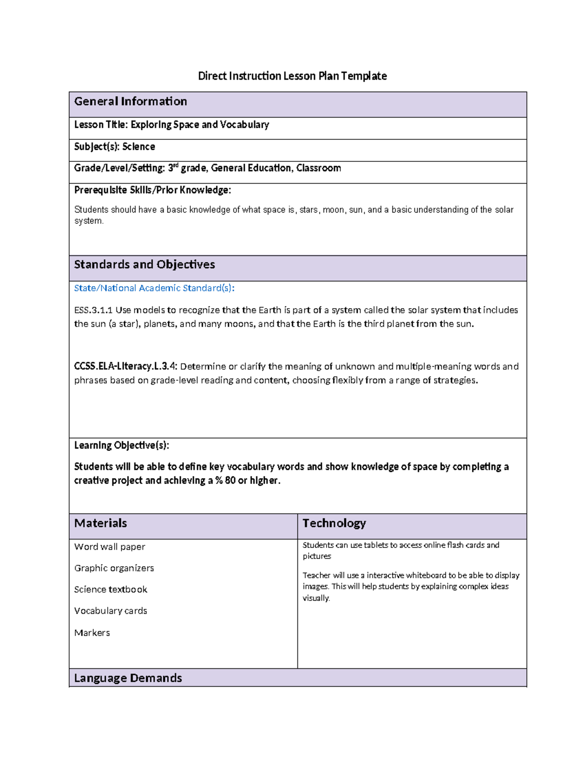 Science Lesson plan and test - Direct Instruction Lesson Plan Template ...