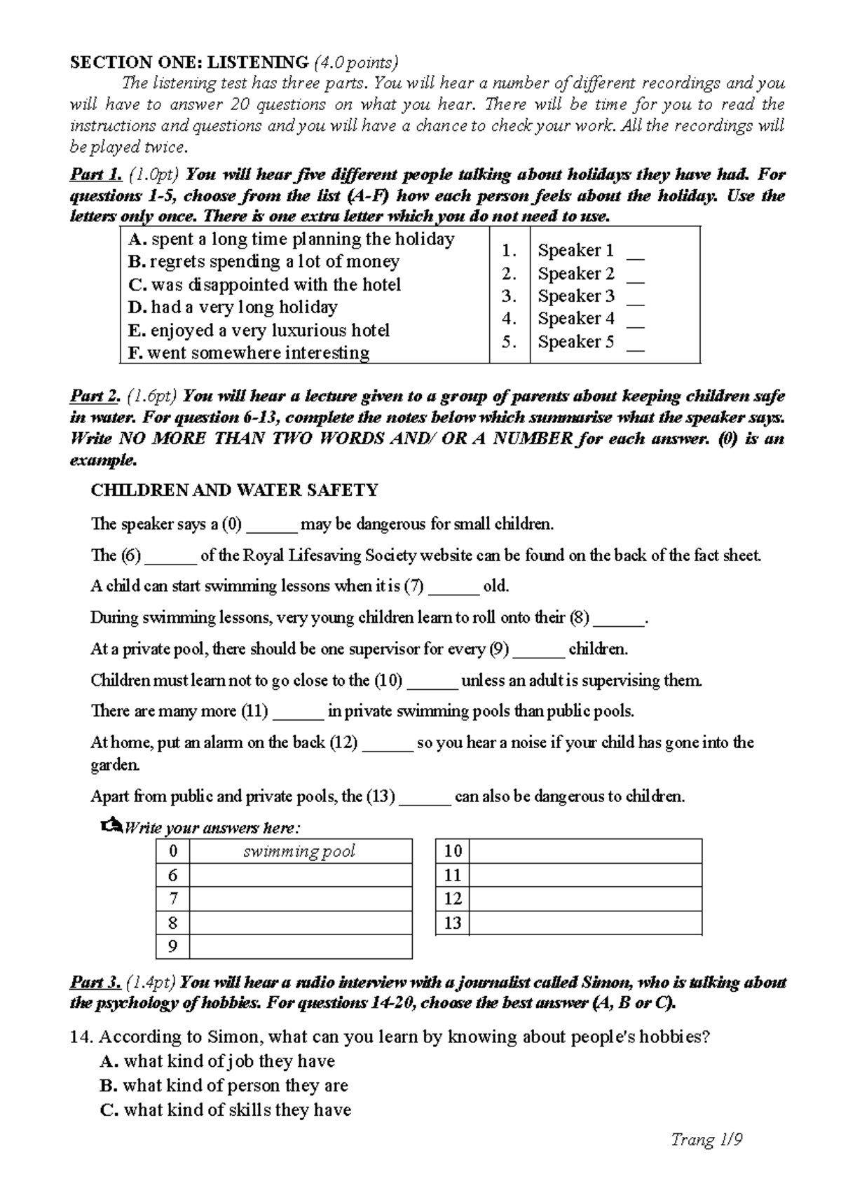 Listening and Lexico Grammar Test (Course Code: HSG 23-24) - Studocu