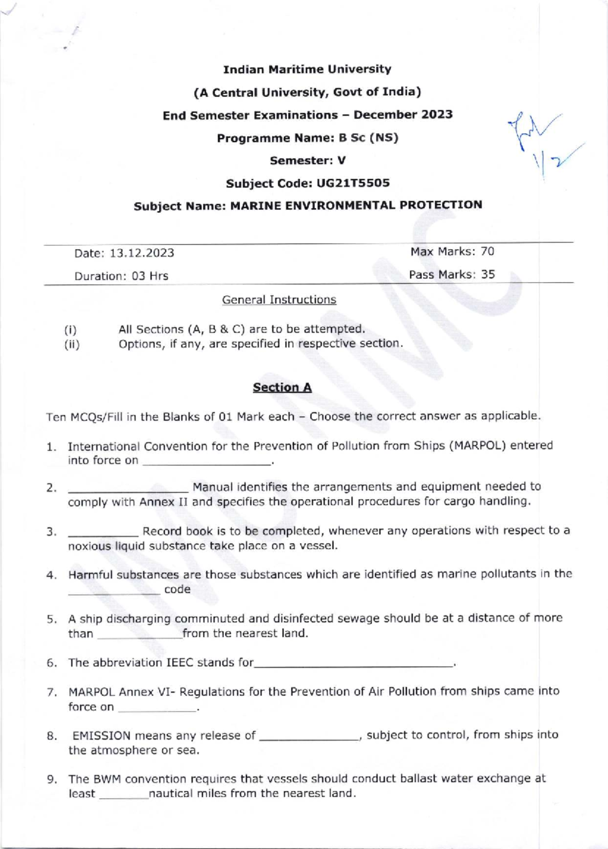 B Sc (NS) V Semester End Exam: Marine Environmental Protection ...