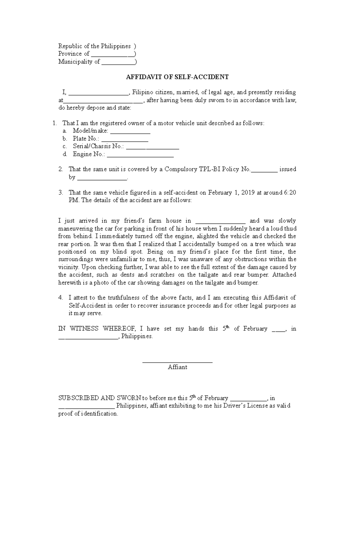 Affidavit of Self-Accident in the Philippines: Vehicle Incident Report ...