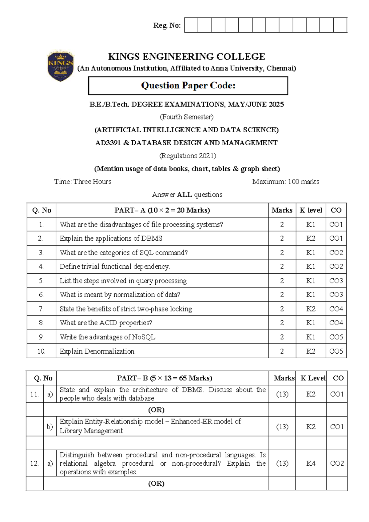 AD3391 Database Design & Management Exam Paper - April/May 2025 - Studocu