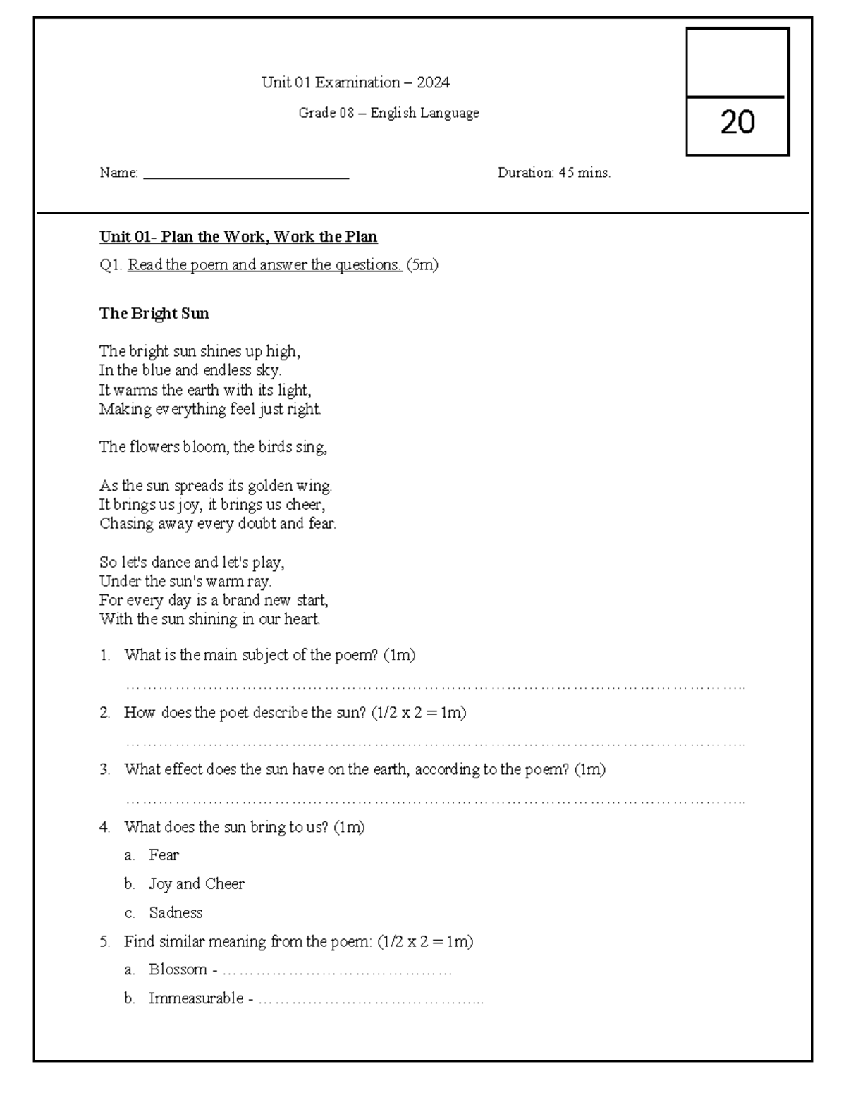 Eng Grade 08 - Unit 01 Exam 2024: Poem Analysis & Language Skills - Studocu