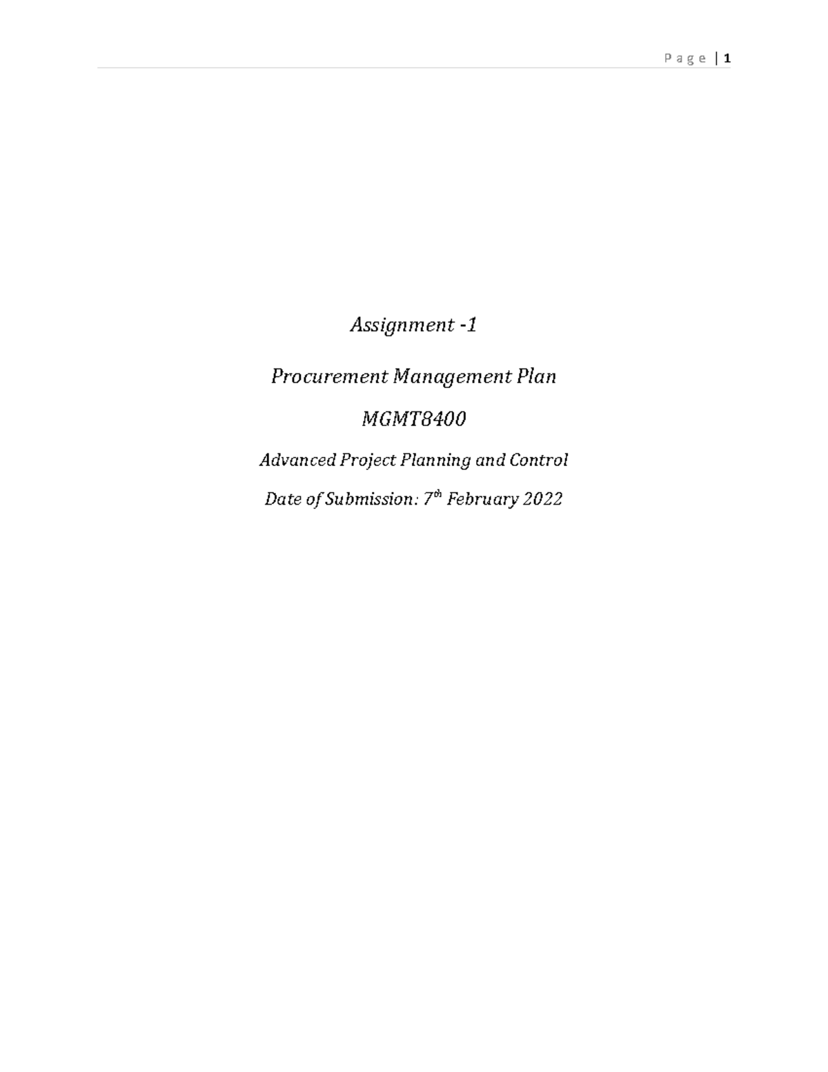 Assignment 1 Advanced Procurement Plan Final - Assignment - Procurement Management Plan MGMT ...