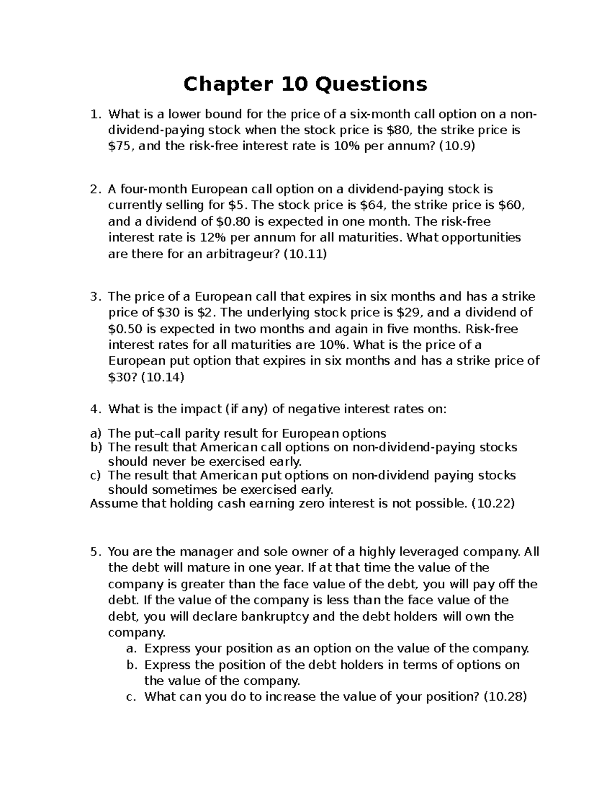 Chapter 10 Questions on Call and Put Options (FIN 301) - Studocu