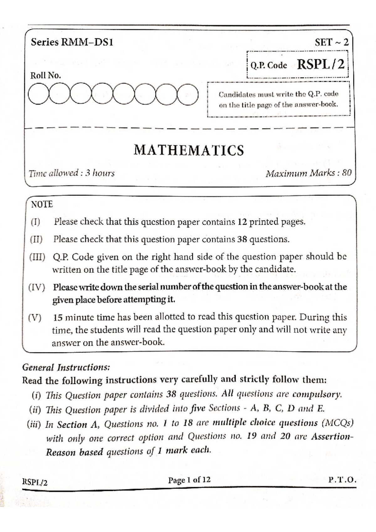 SET 2 RSPL 2 - Mathematics Sample Paper with 38 Questions - Studocu
