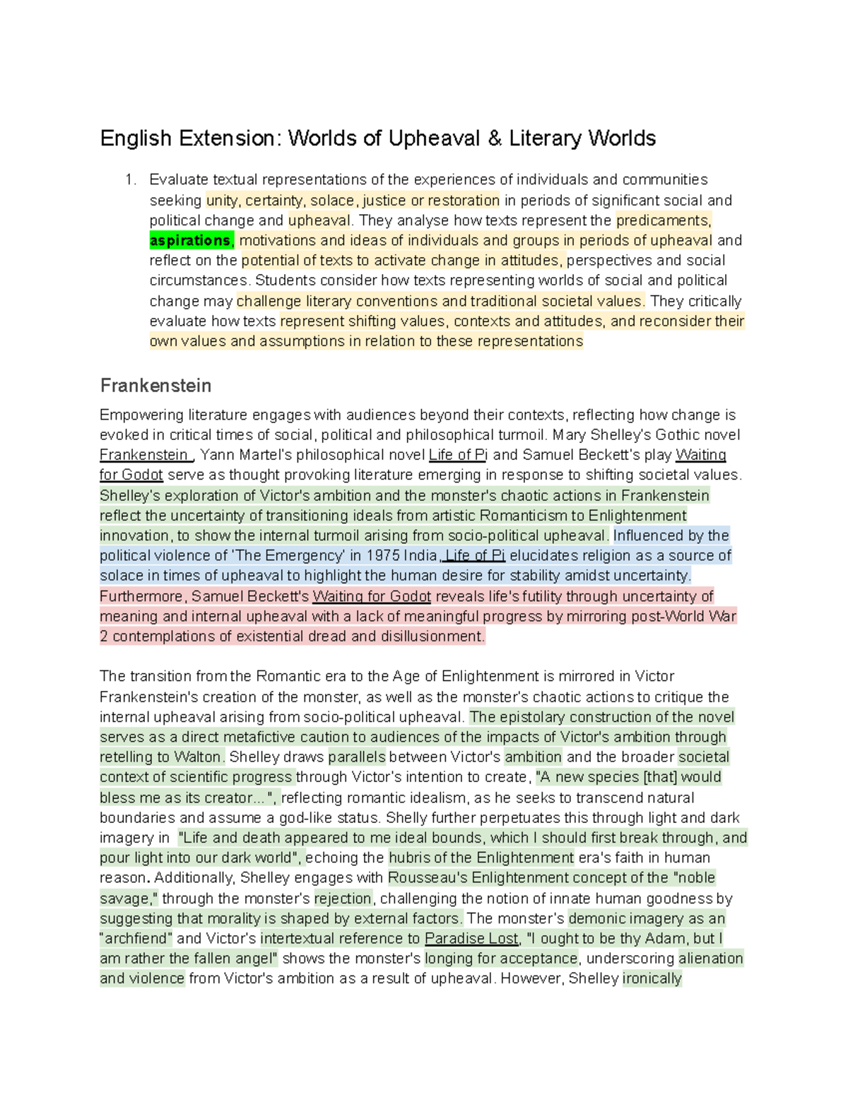 Eng Ext 1: Literary Representations of Upheaval and Change - Studocu