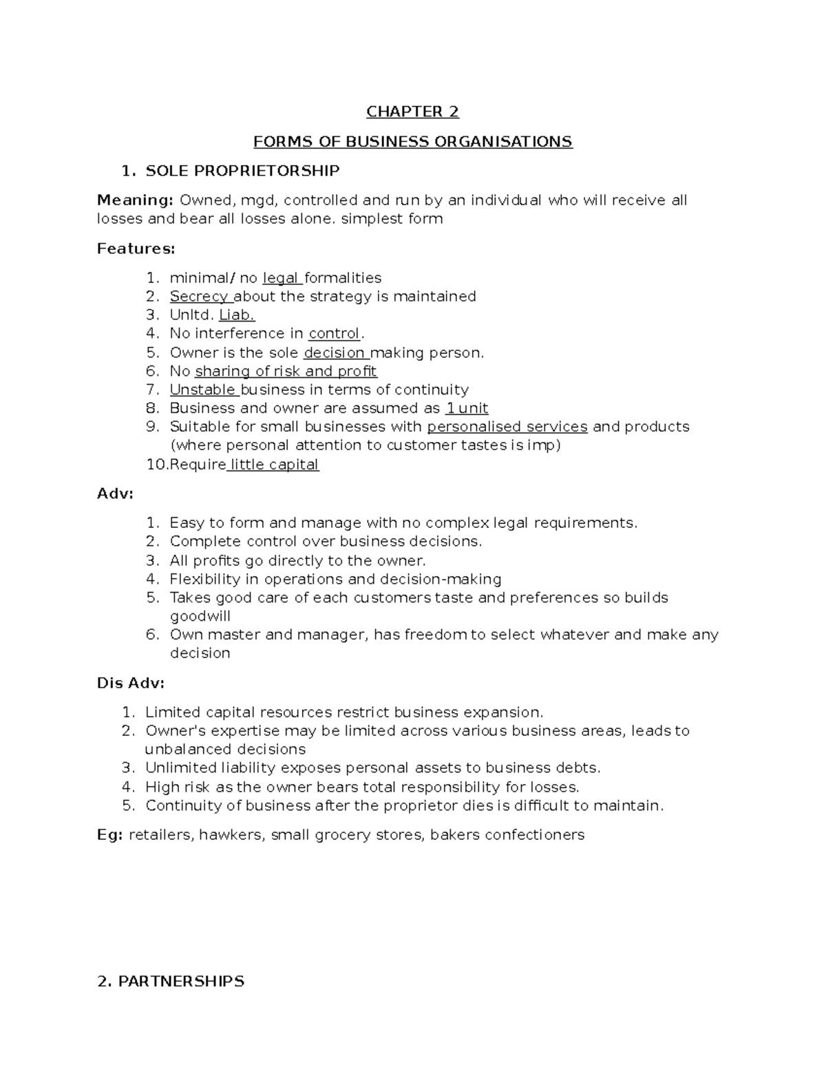 Forms of Business Org - Summary Bachelors of commerce - CHAPTER 2 FORMS ...