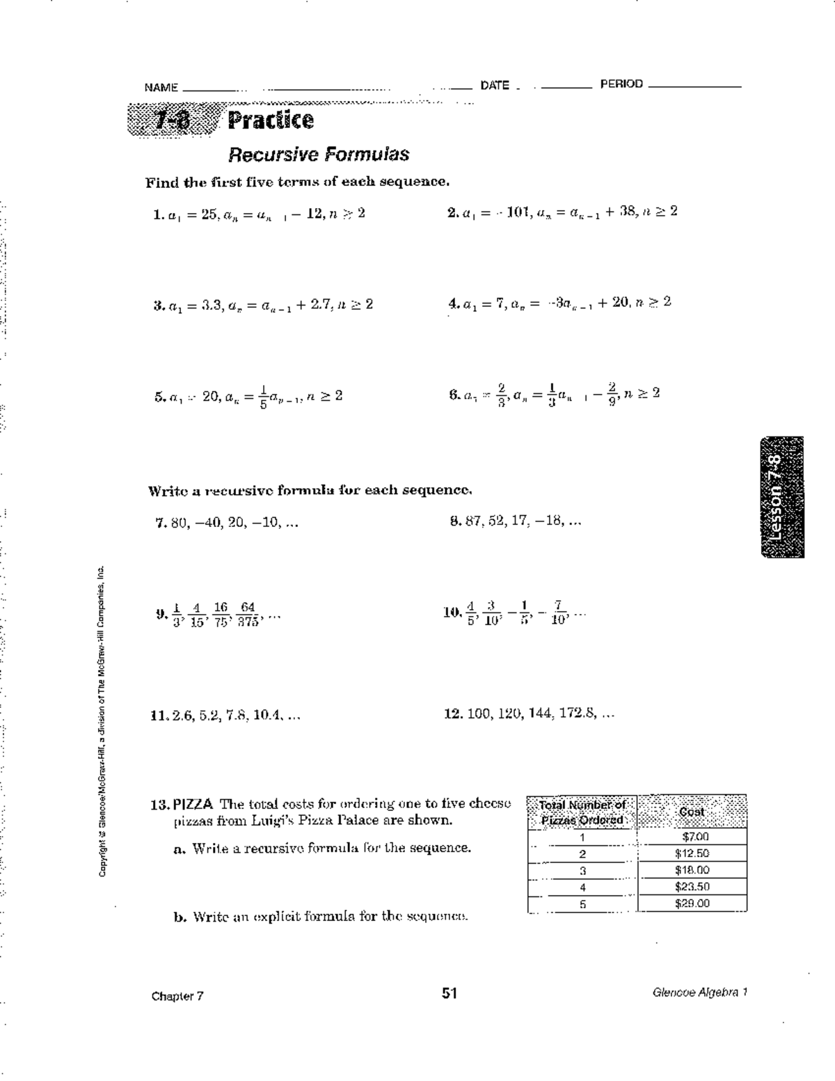 Algebra 1: Chapter 7 Recursive Formulas Practice & Key - Studocu