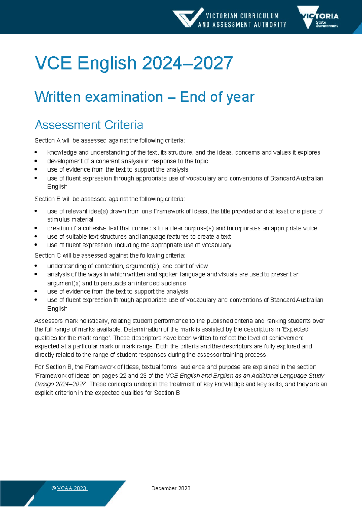 VCE English 2024 Final EXAM Assessment Rubric & Criteria Overview - Studocu