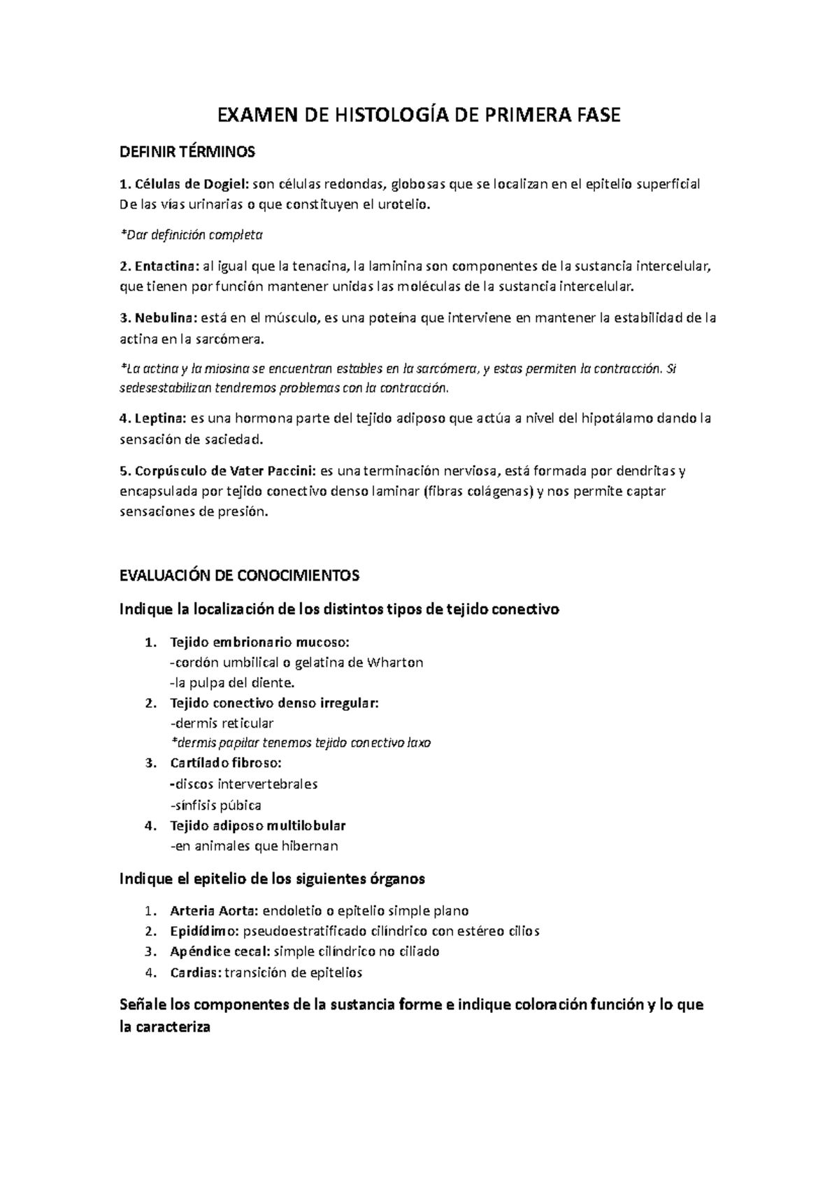 HISTOLOGÍA 1ER EXAMEN: DEFINICIONES Y EVALUACIÓN DE CONOCIMIENTOS - Studocu