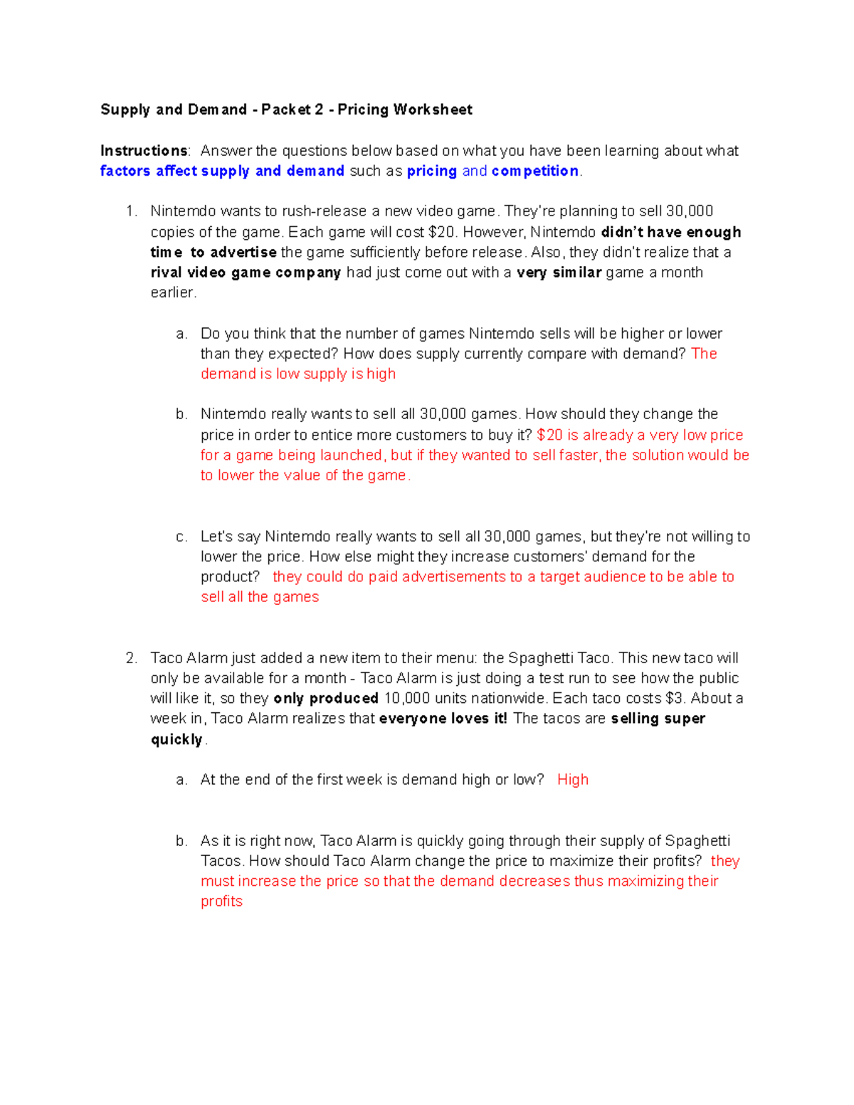 Supply and Demand - Packet 2 - Pricing Worksheet Insights - Studocu
