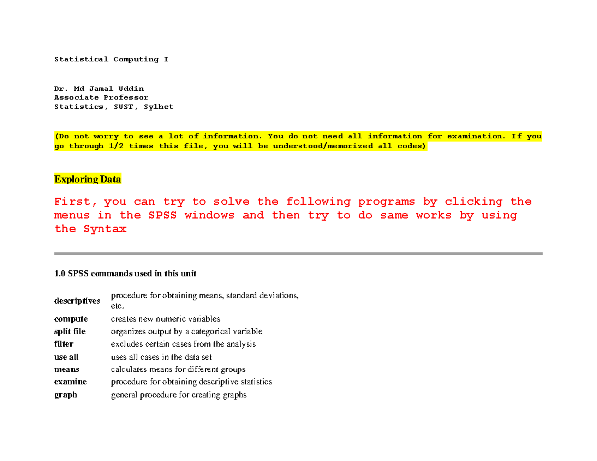 Statistical Computing I: Exploring Data Techniques and SPSS Commands ...