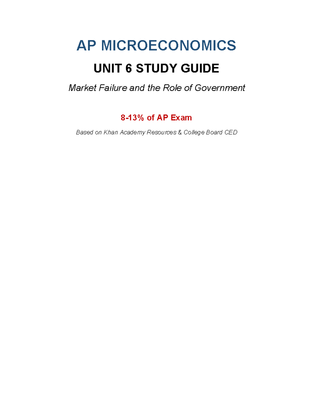 AP MICROECONOMICS UNIT 6 STUDY GUIDE: Market Failure & Government Role ...