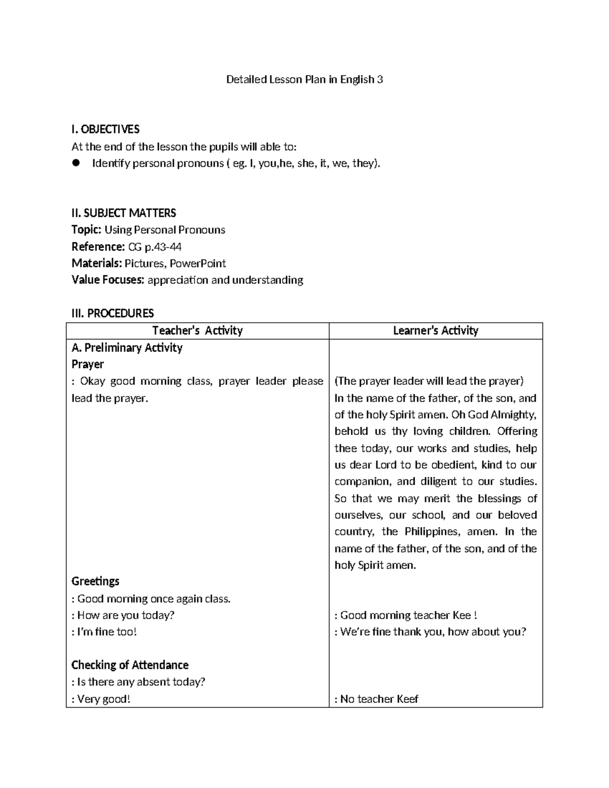 Detailed Lesson Plan: Personal Pronouns in English 3 - Studocu