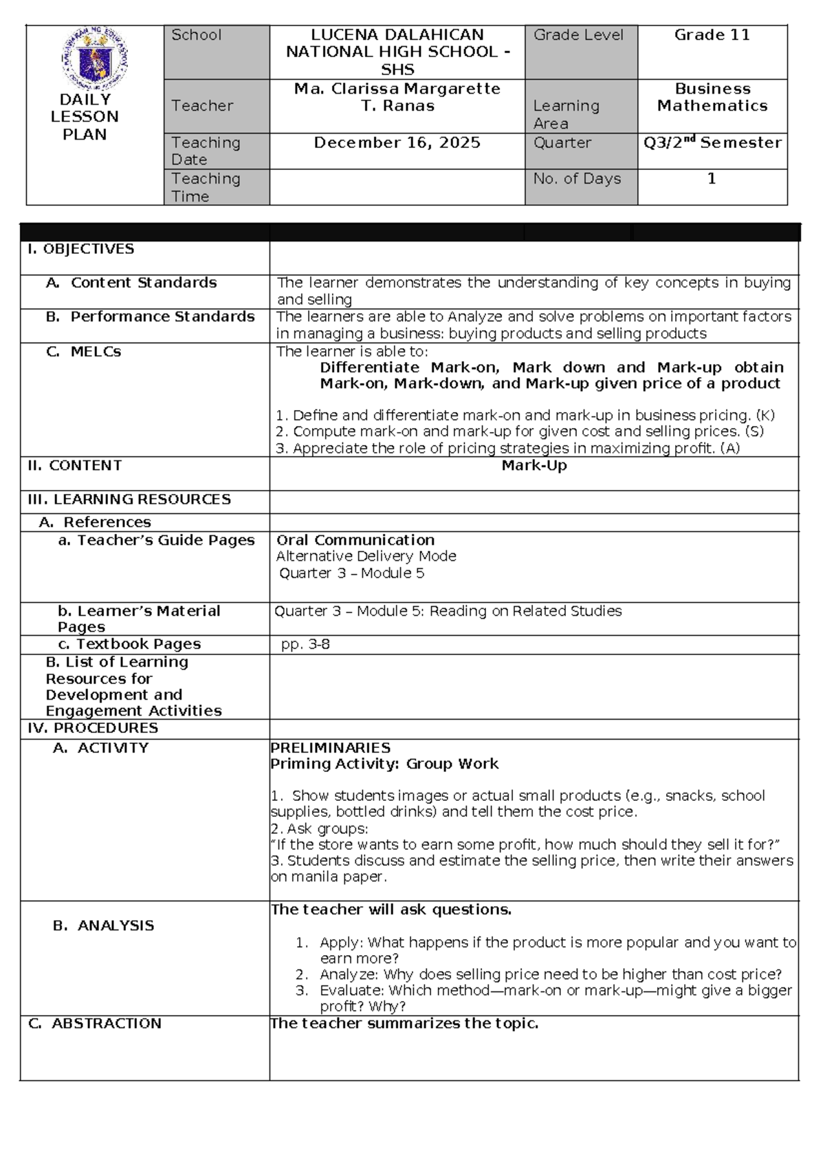 ABM 11 Daily Lesson Plan: Business Mathematics - Q1 Week 5 Day 1 - Studocu