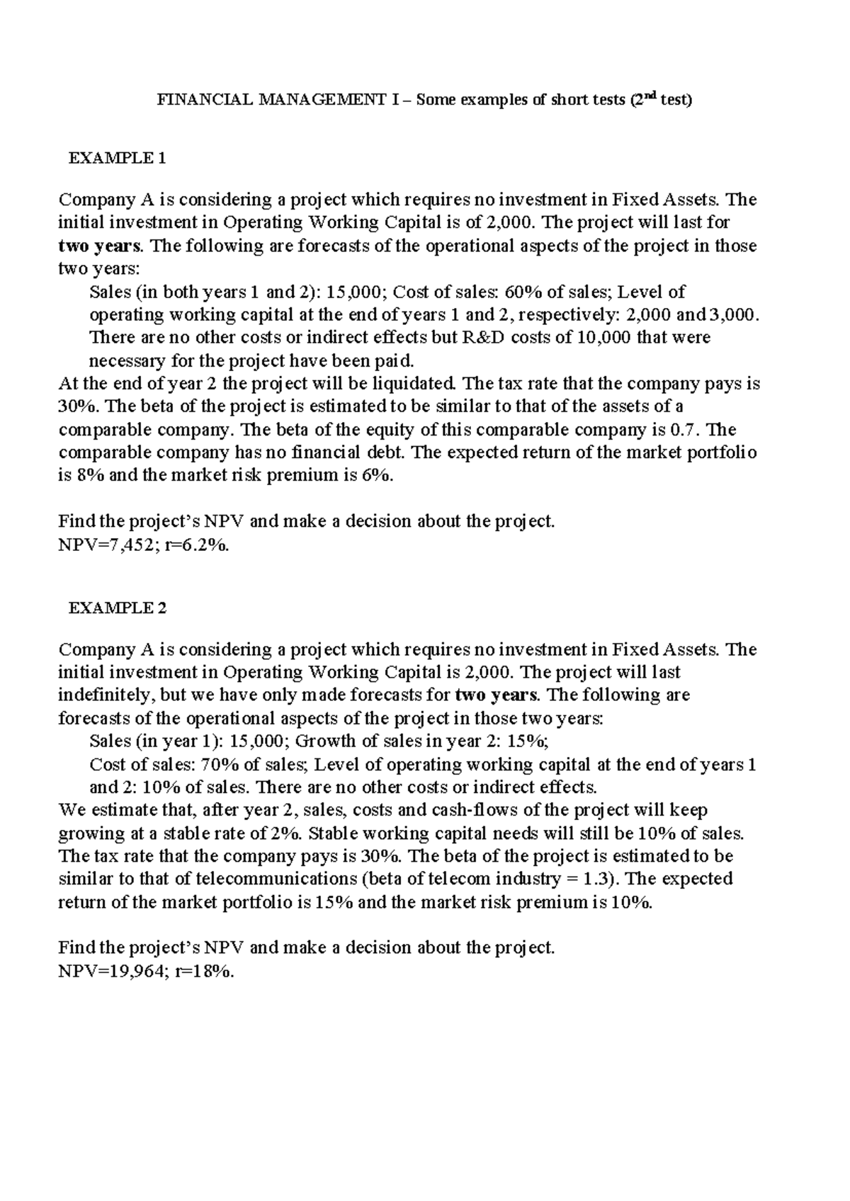 FINANCIAL MANAGEMENT I: Examples of Past Short Tests (2nd Test) - Studocu