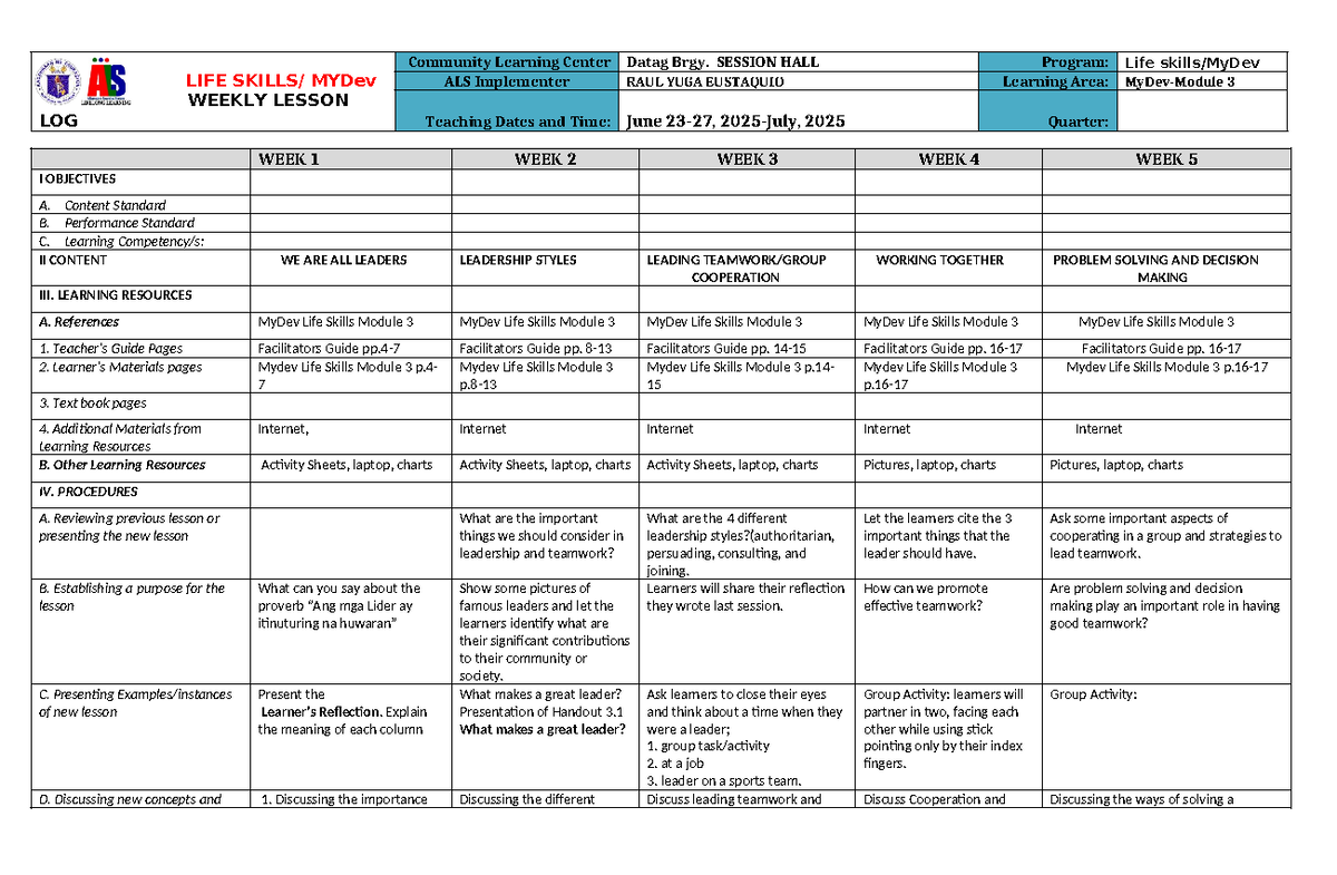 MyDev ALS Life Skills Module 3: Weekly Lesson Objectives and Activities - Studocu