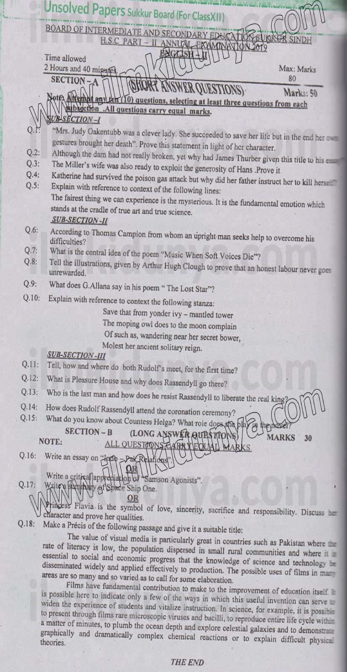 Past Paper 2019: Sukkur Board Inter Part II English Subjective Exam ...