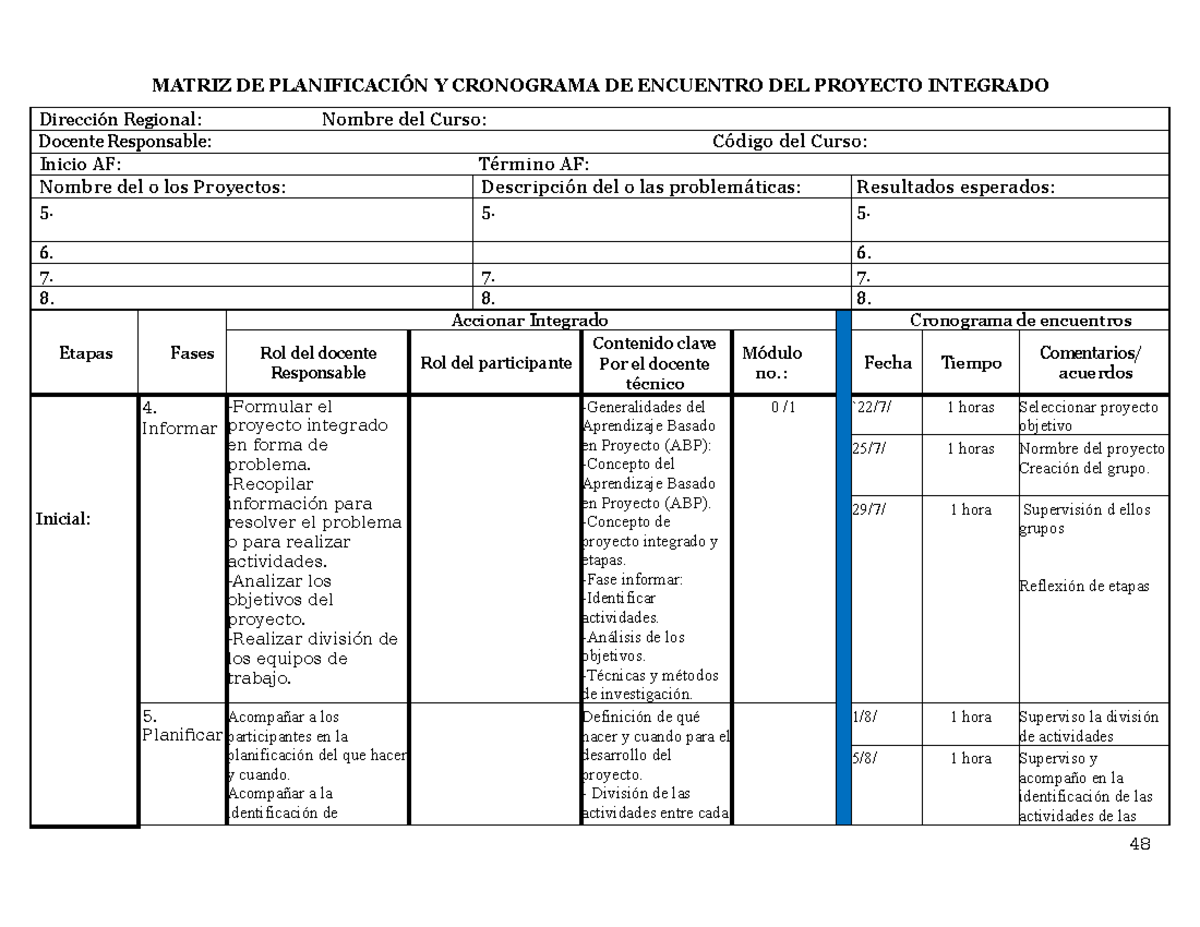Matriz de Planificación y Cronograma del Proyecto Integrado - Curso XYZ ...