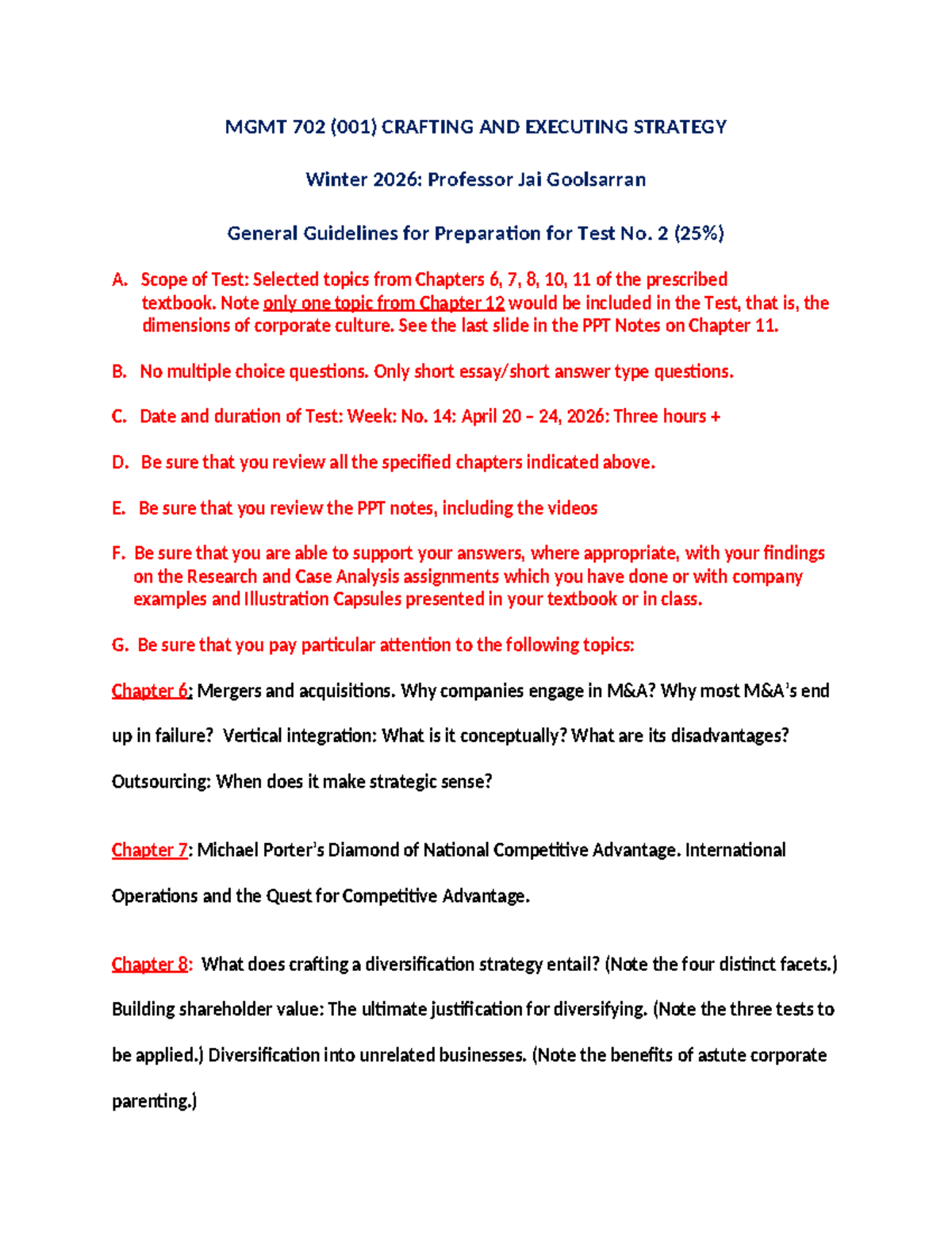 MGMT 702 - Winter 2026 - Test No. 2 Preparation Guidelines - Studocu