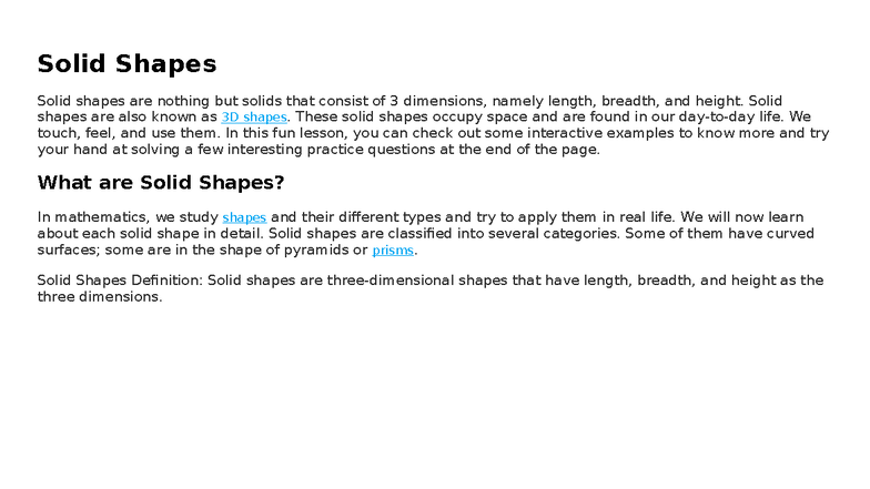 Solid Shapes Lesson: Understanding 3D Objects and Their Properties - Studocu