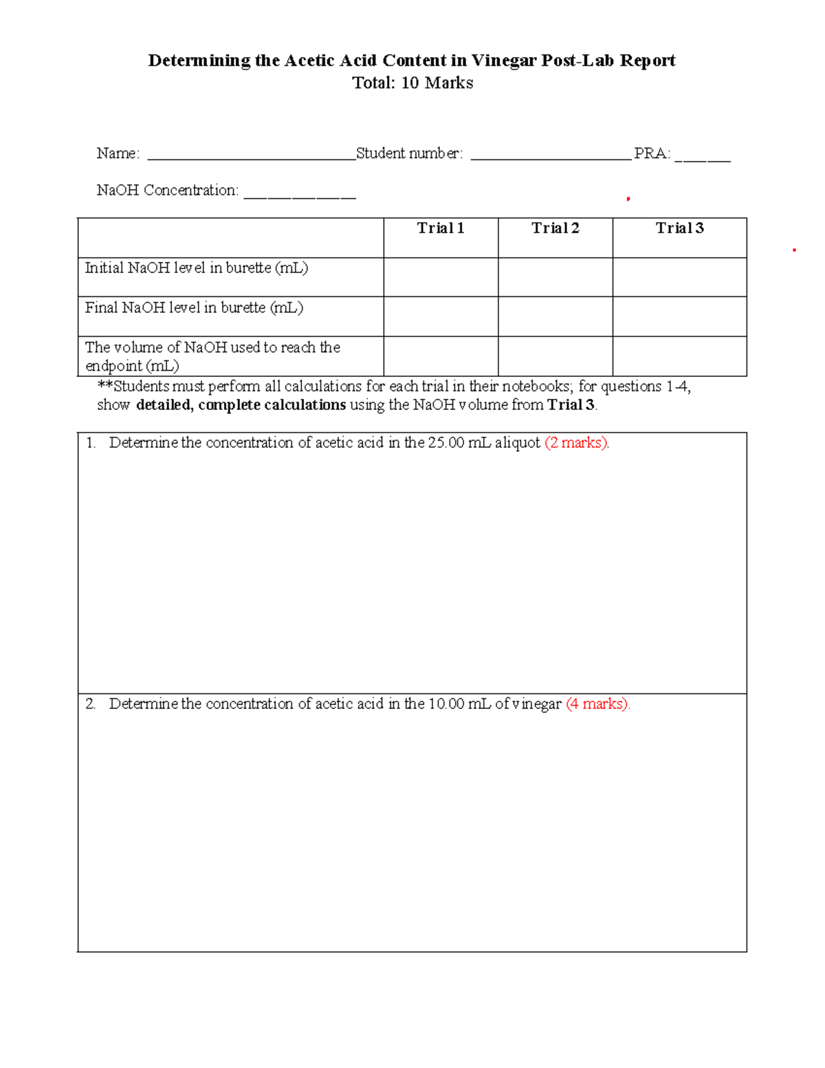 Determining Acetic Acid Content in Vinegar: Post Lab 2 Report - Studocu