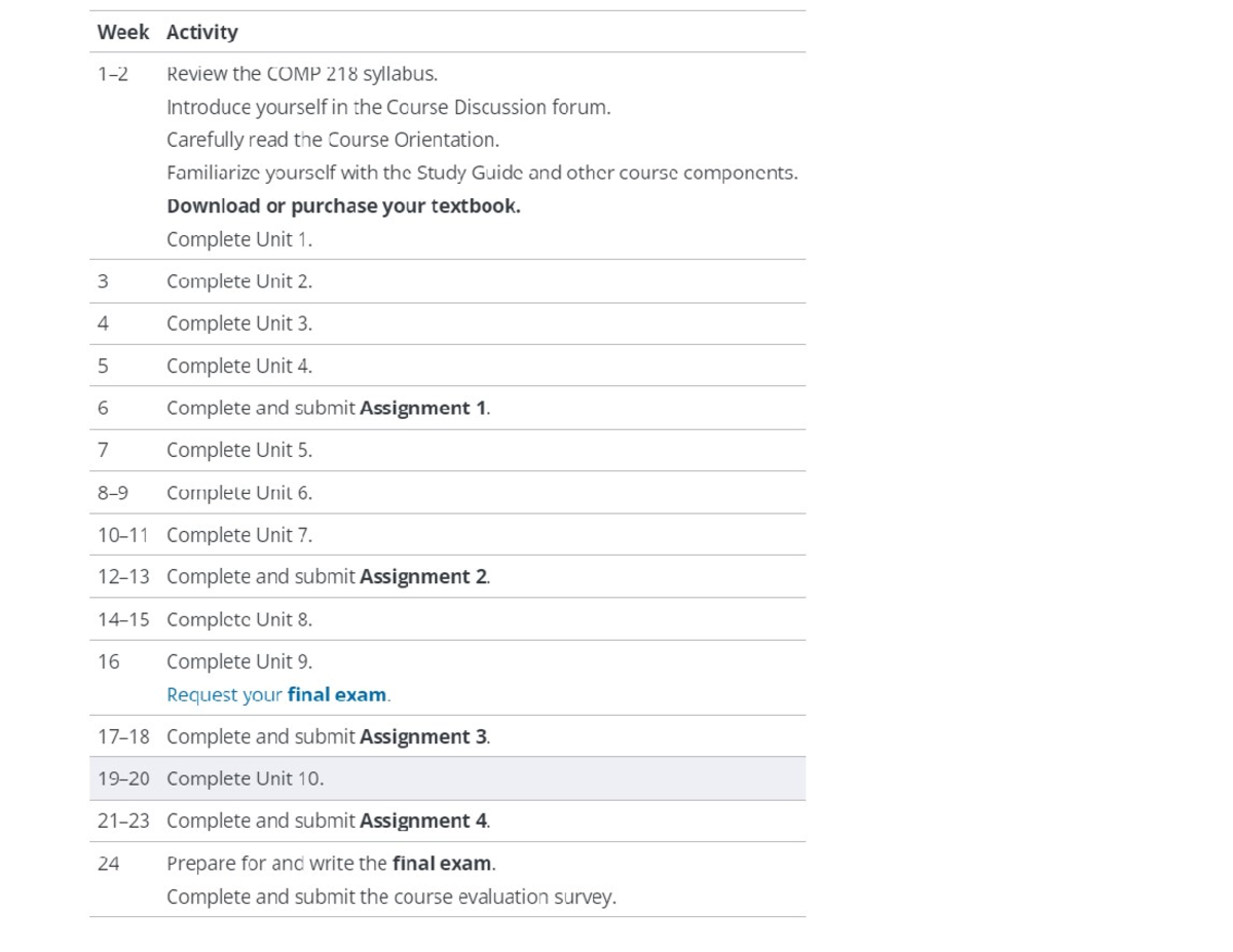 COMP 218 Weekly Guide: Key Activities and Assignments Overview - Studocu