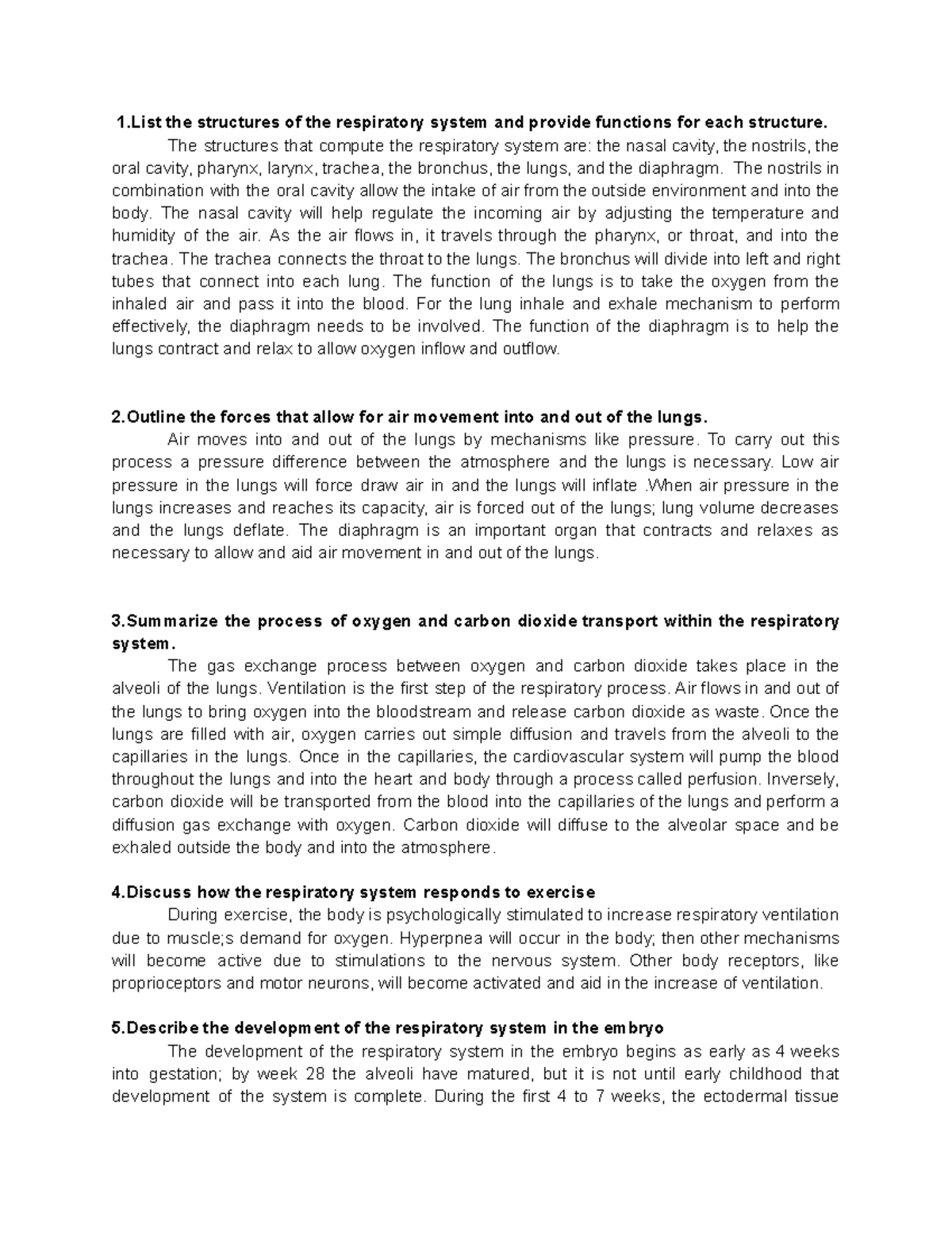 Respiratory System Assignment: Structures, Functions, and Processes - Studocu
