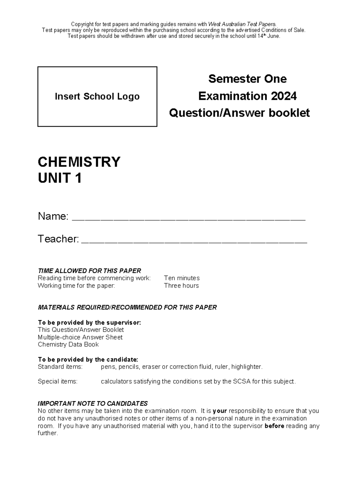 2024 CHEMISTRY UNIT 1 Final Exam Paper and Marking Guide - Studocu
