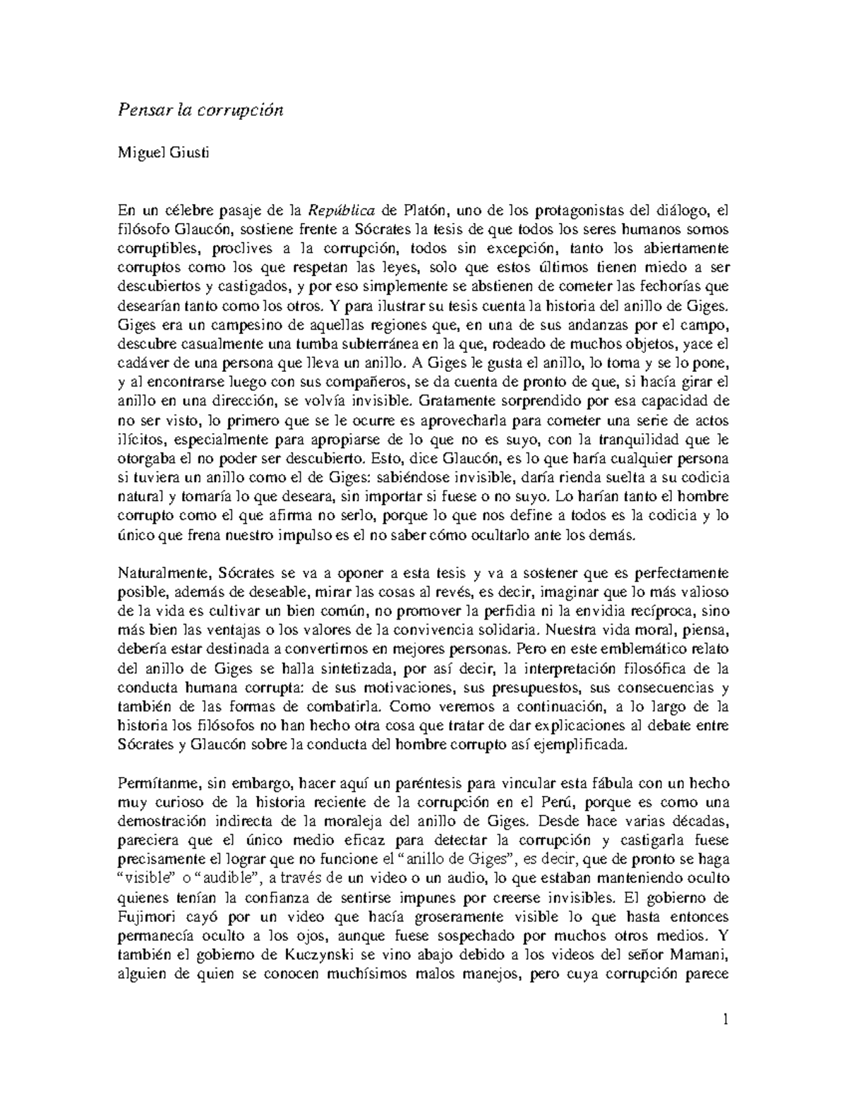 Pensar la Corrupción: Reflexiones Filosóficas de Miguel Giusti - Studocu