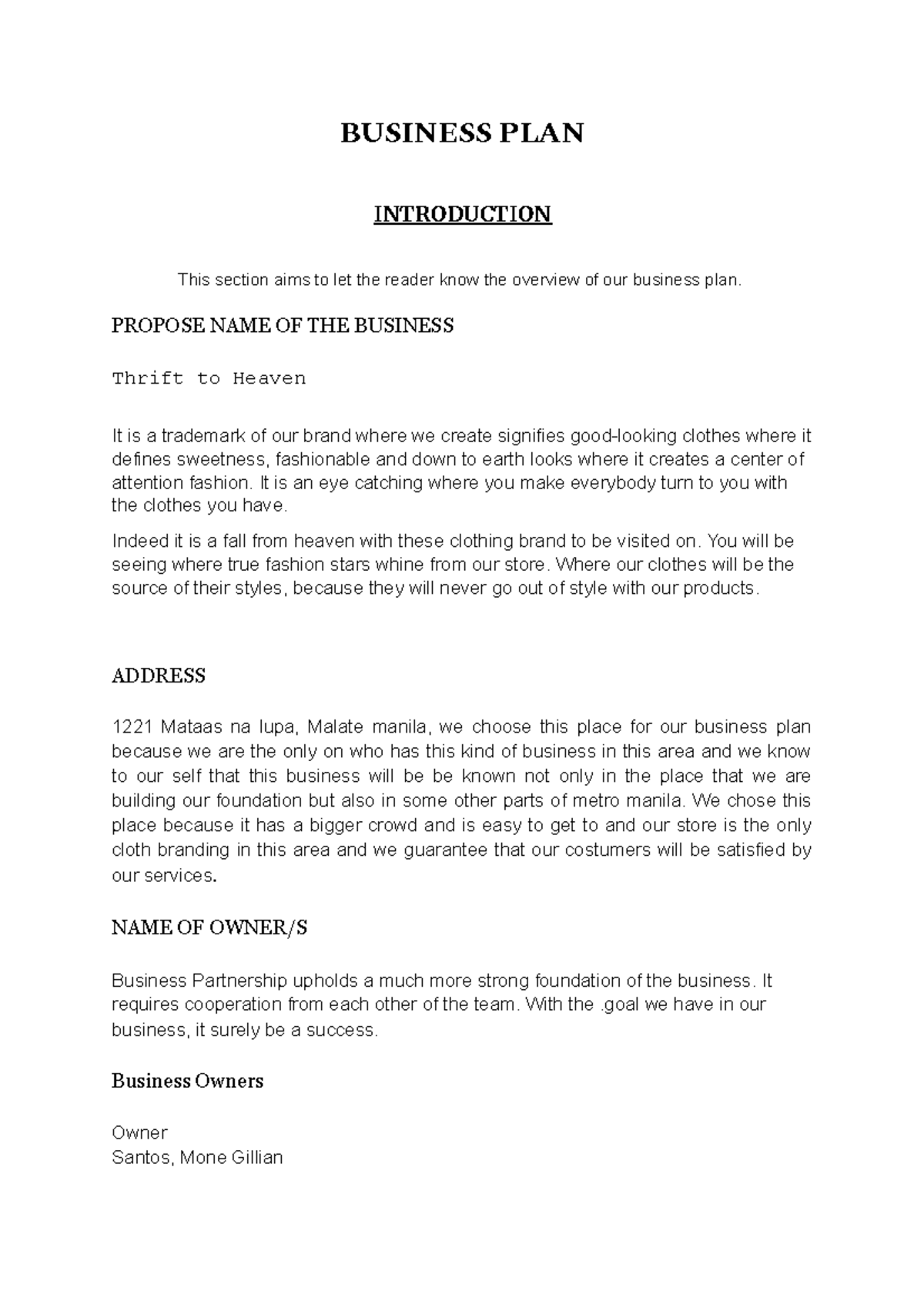 Business-Plan-Introduction - BUSINESS PLAN INTRODUCTION This section ...