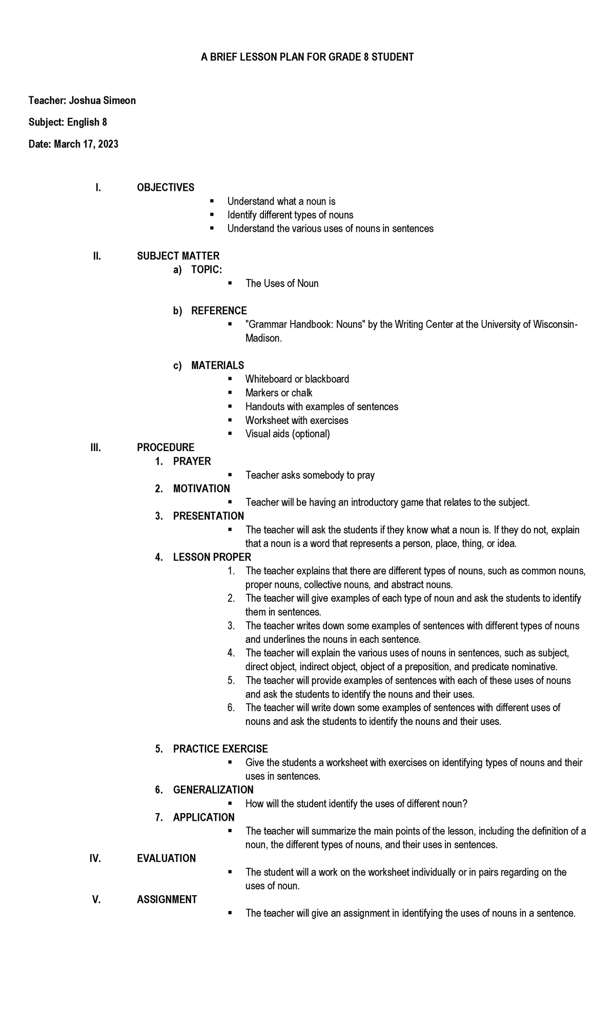 Grade 8 English Lesson Plan: Exploring Nouns and Their Uses - Studocu