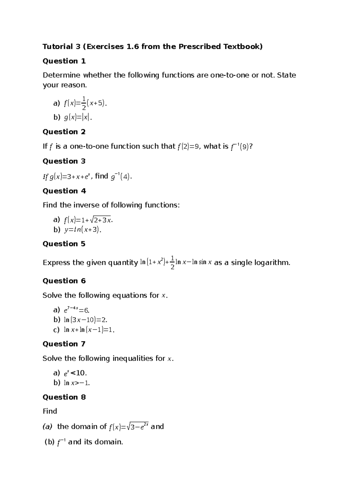 Tutorial 3 - Practical Questions on Functions and Inverses - Studocu