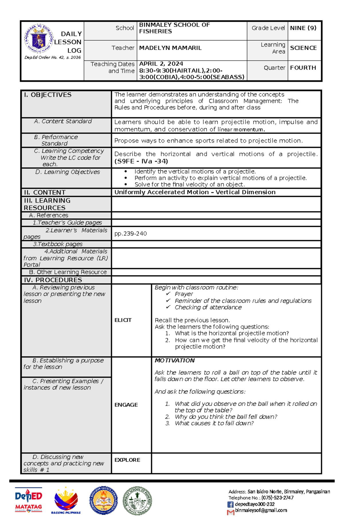 UAM- Lesson Log on Uniformly Accelerated Motion: Vertical Dimension ...