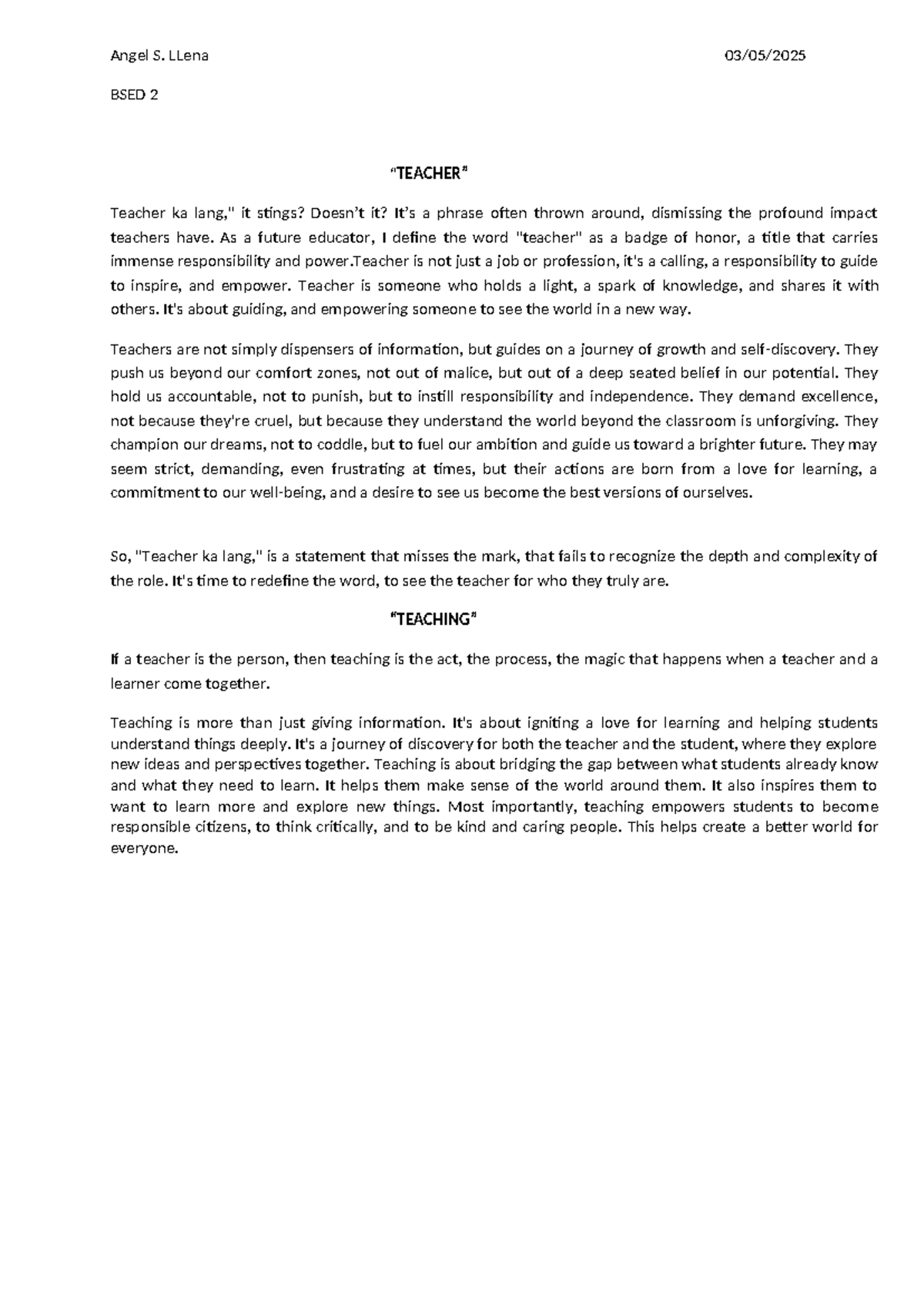 Redefining the Teacher's Role: A BSED 2 Perspective on Education - Studocu
