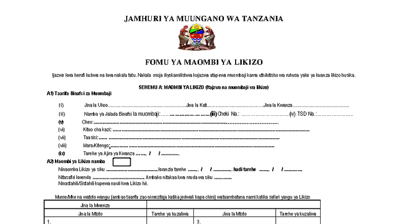 Fomu ya likizo - For educational purpose - JAMHURI YA MUUNGANO WA ...