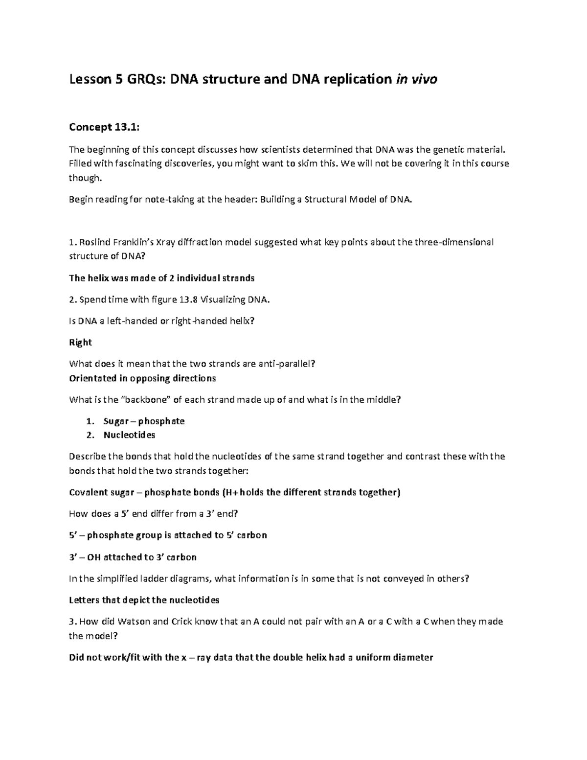 Lesson 5 GRQs: DNA Structure & Replication Insights - BIOL103 - Studocu