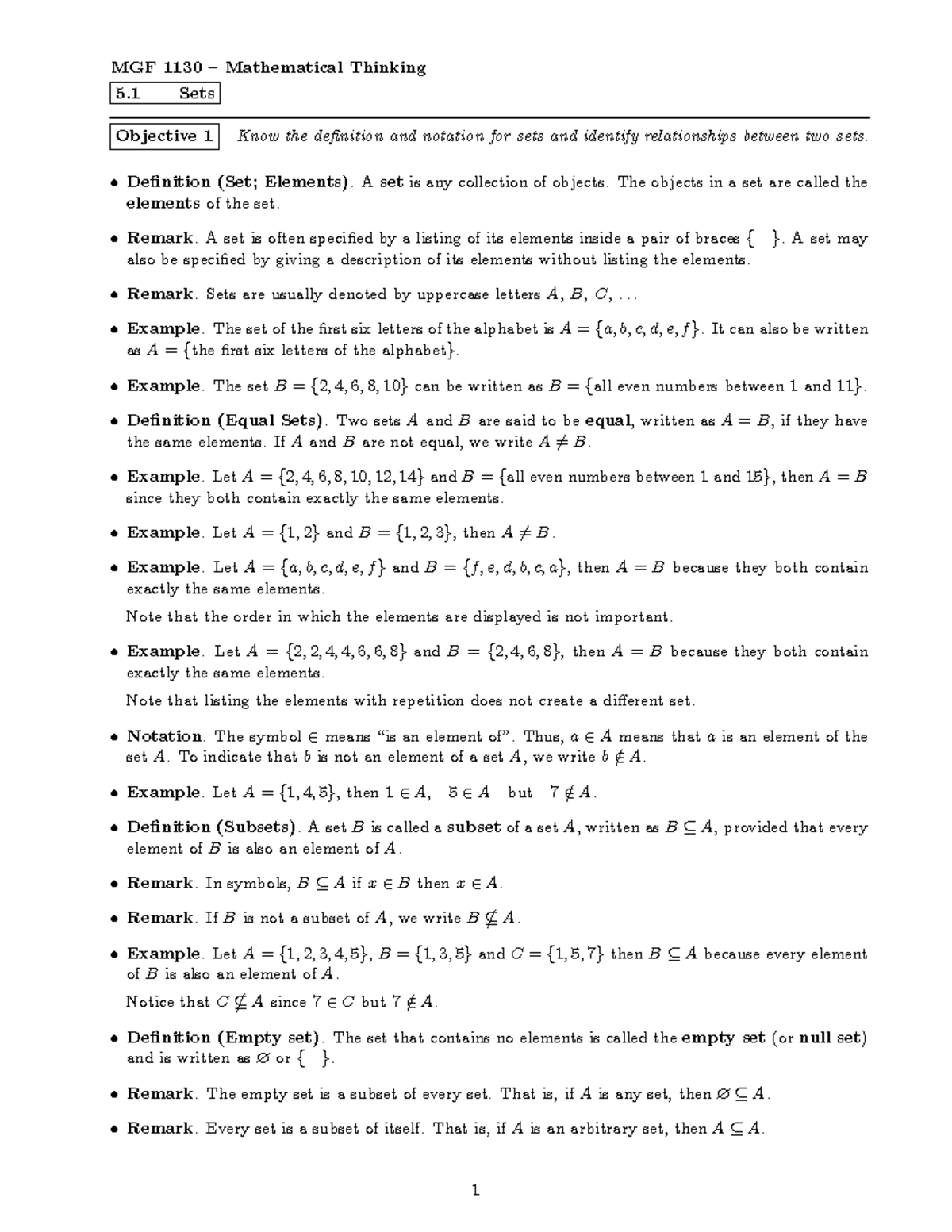 Sets and Set Theory Basics - MGF 1130 Lecture Notes - Studocu