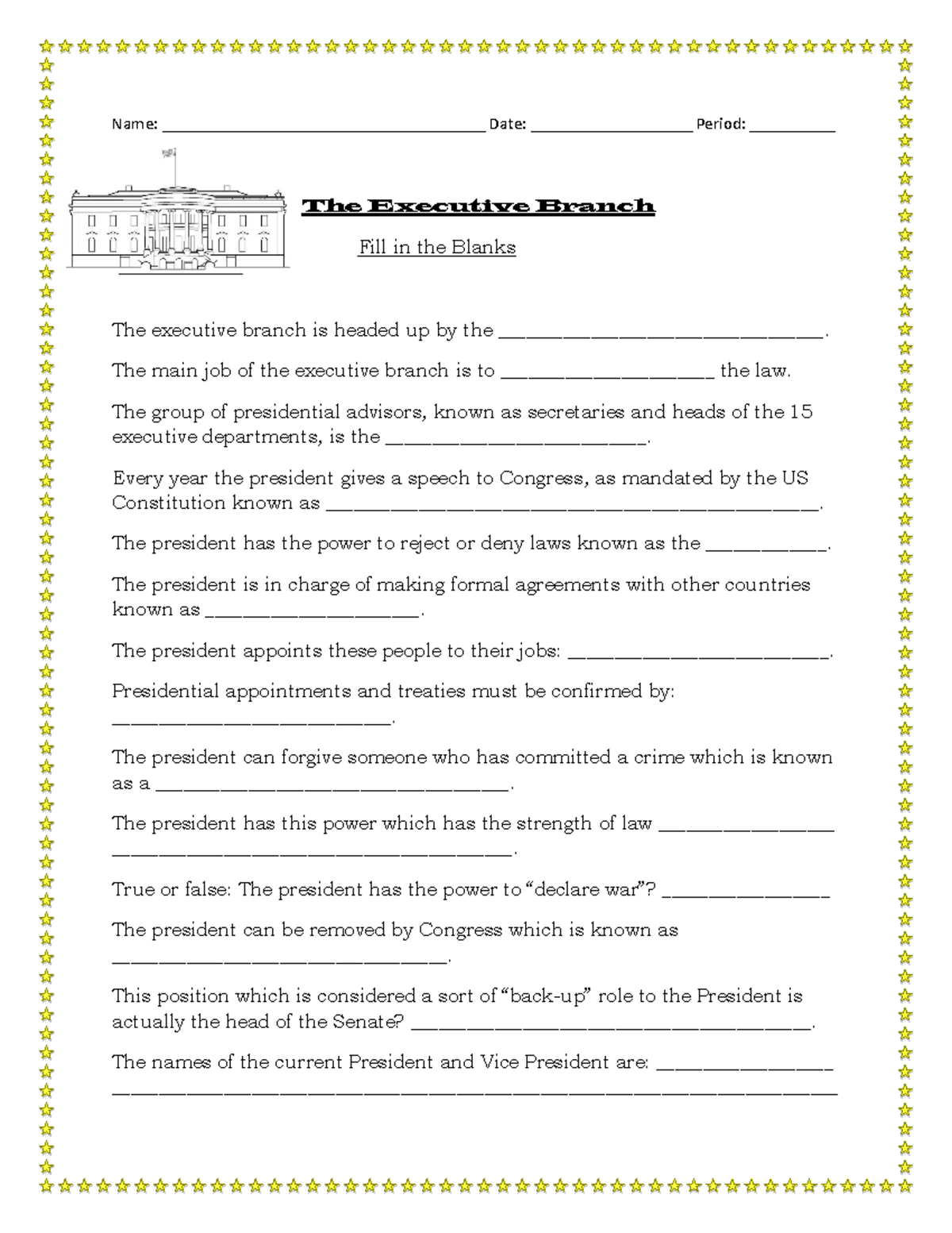 The Executive Branch Fill-in-the-Blanks Activity (Civics) - Studocu