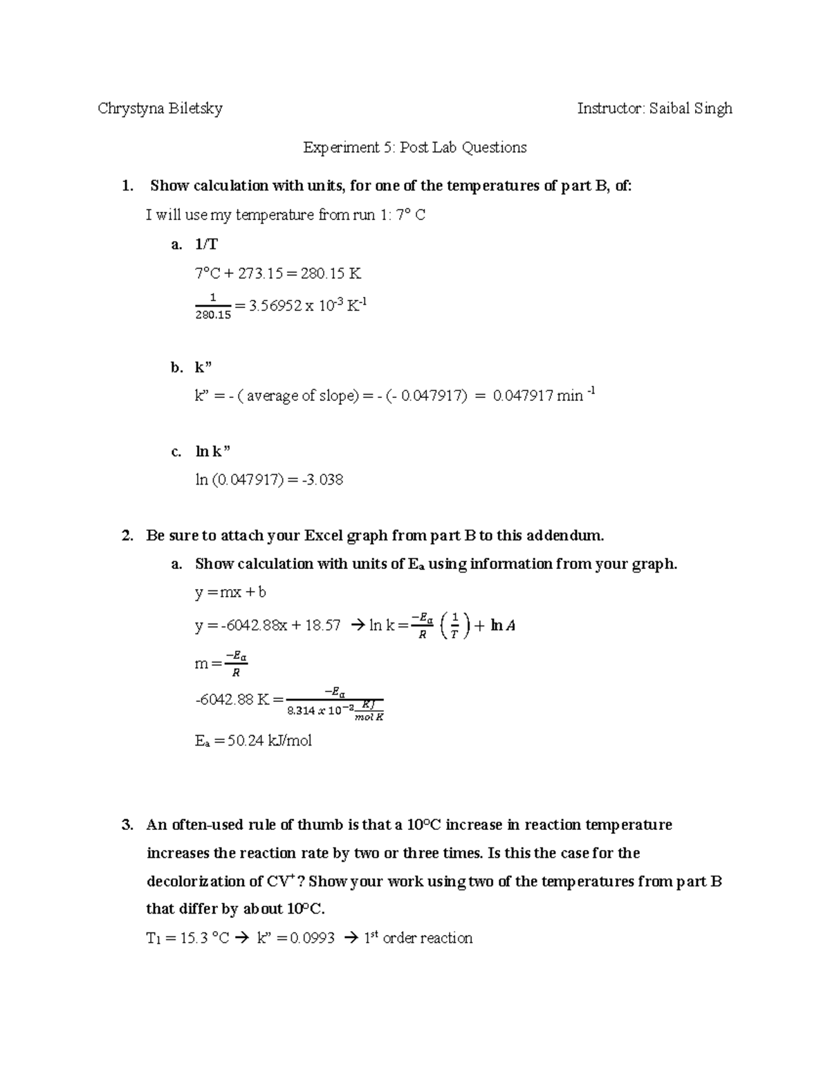 Post Lab Analysis for Experiment 5 - CHEM 1032 - Studocu
