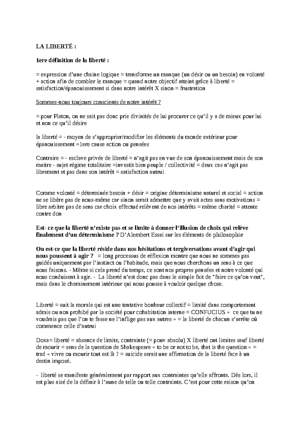 LA LIBERTÉ : Essai sur la Définition et les Contraintes - Cours R - Studocu