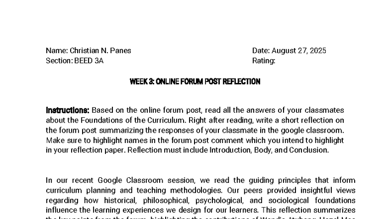 WEEK 3: PED 7 - Online Forum Post Reflection on Curriculum Foundations ...