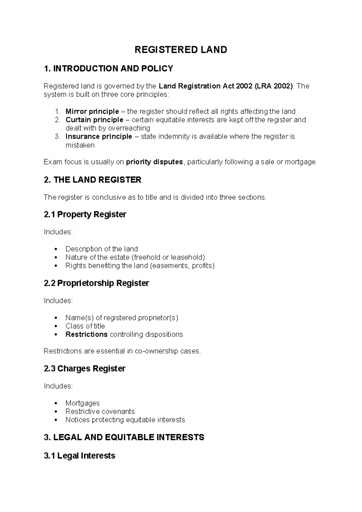 Registered Land Notes: Key Principles & Exam Focus (LRA 2002) - Studocu