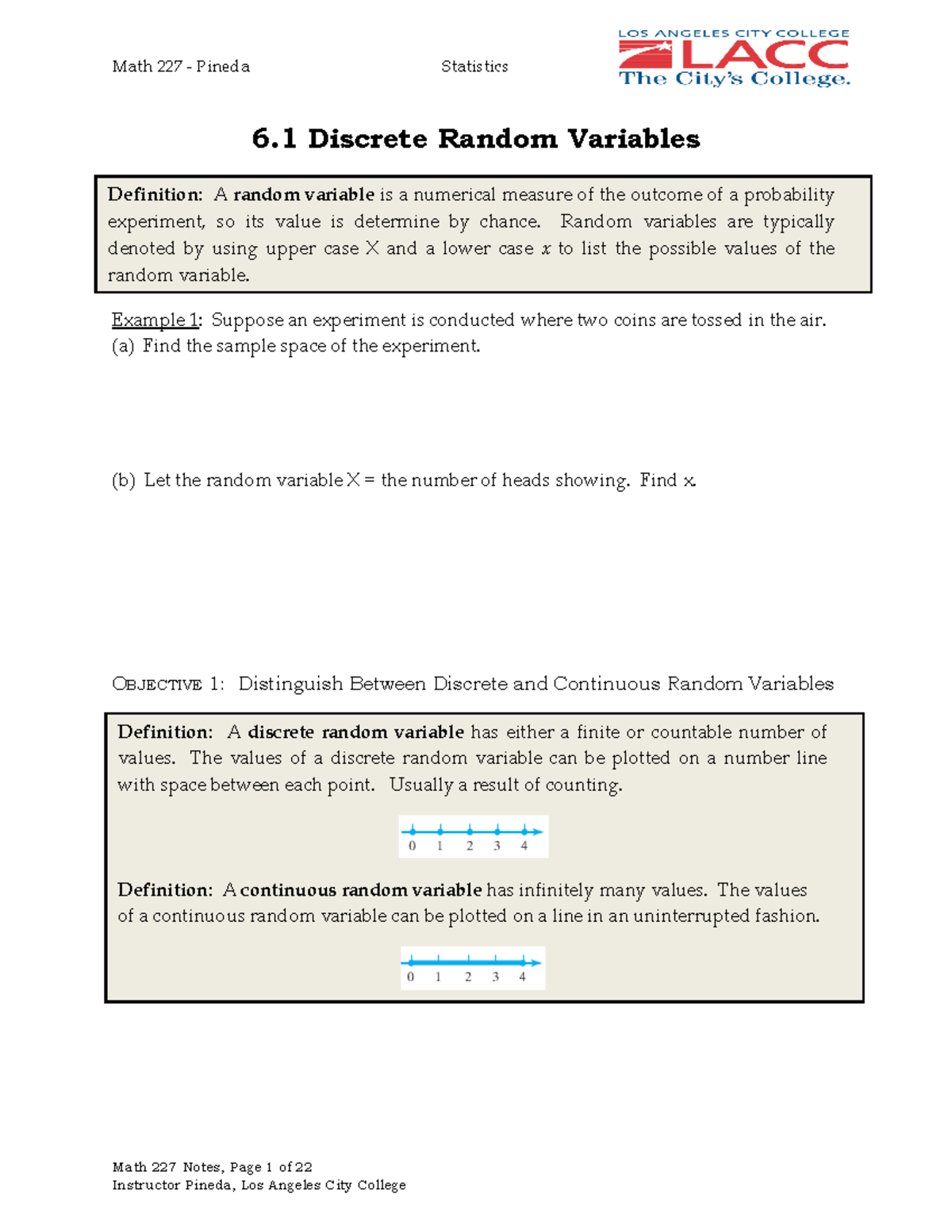 Math 227 Ch6 Notes - Discrete Random Variables. Mr. Pineda, Math 227 ...